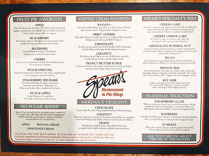 This menu isn't just a list&mdash;it's a roadmap to paradise. The "Specialty Pies" section should come with a warning label.