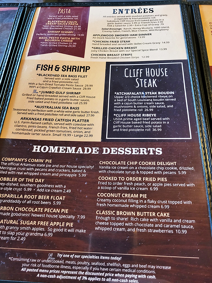 The menu reads like poetry for comfort food enthusiasts. That dessert section alone could make a cardiologist weep with joy.