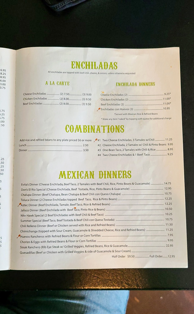 The menu reads like a love letter to Mexican cuisine classics—each enchilada option promising its own special kind of happiness.