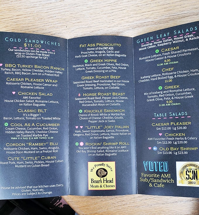 This menu doesn't just list sandwiches&mdash;it's a roadmap to flavor town with stops like "Fat Ass Prosciutto" and "Horse Roast Beast."