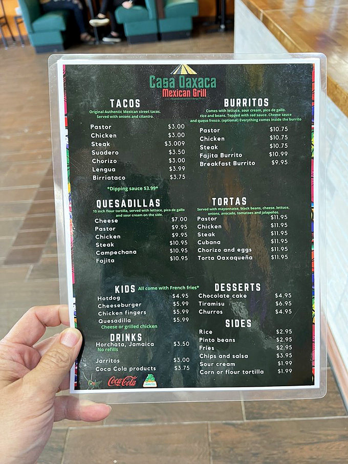 The menu reads like a love letter to Mexican cuisine&mdash;simple presentation, complex flavors. No fancy fonts needed when the food speaks this eloquently.