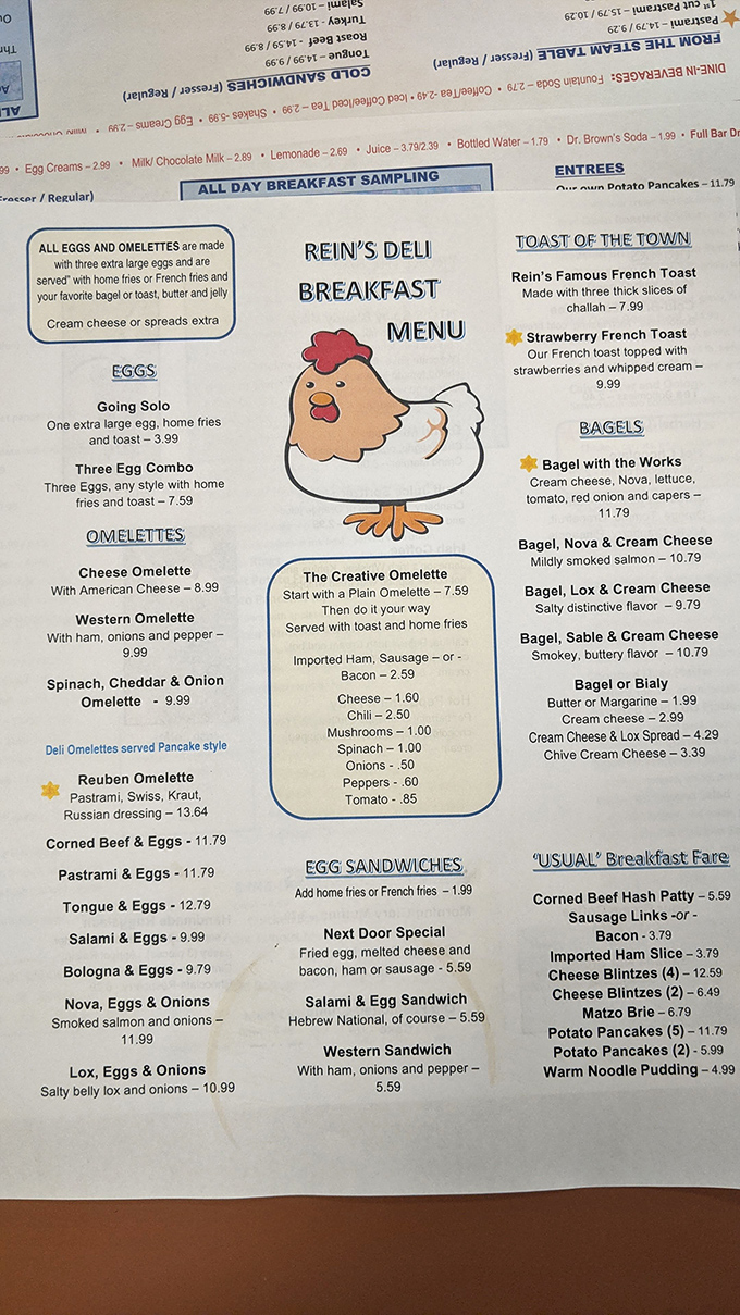 The breakfast menu reads like poetry to hungry travelers—note the Reuben omelette, where two Jewish deli classics perform a delicious morning duet.