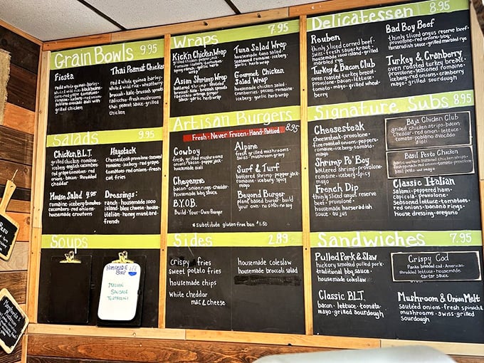 The chalkboard menu reads like a love letter to comfort food enthusiasts. Each description promises a culinary adventure worth the drive to Little Orleans.
