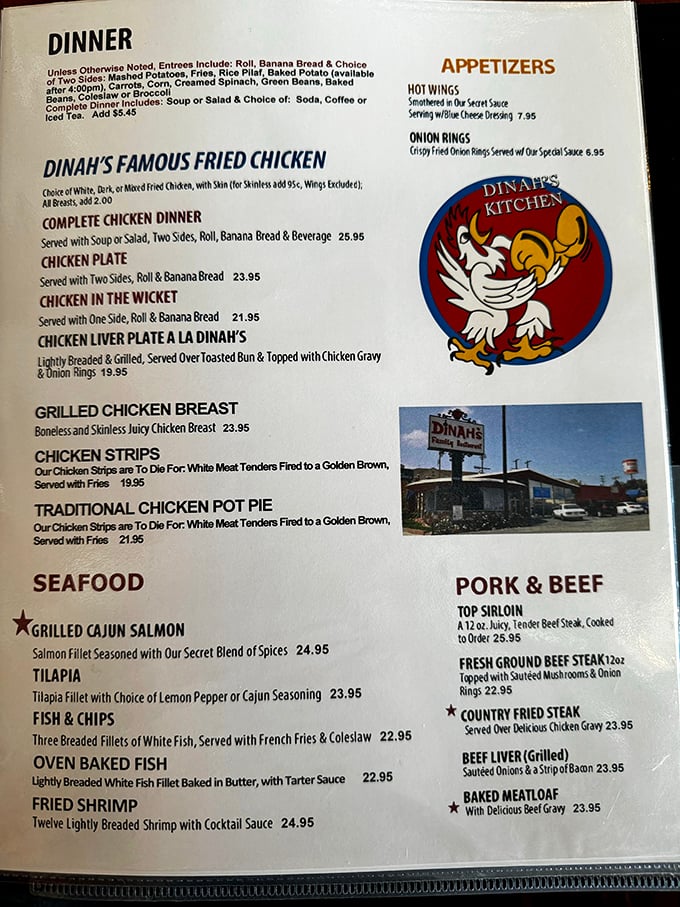 The menu tells the whole story: Dinah's Famous Fried Chicken isn't just a meal, it's the headliner of a delicious show.