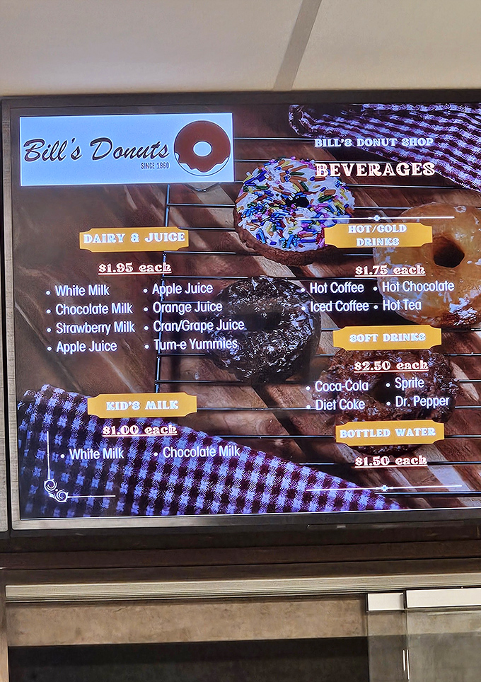 The beverage menu is refreshingly straightforward—because when the donuts are this good, you just need something to wash them down with.