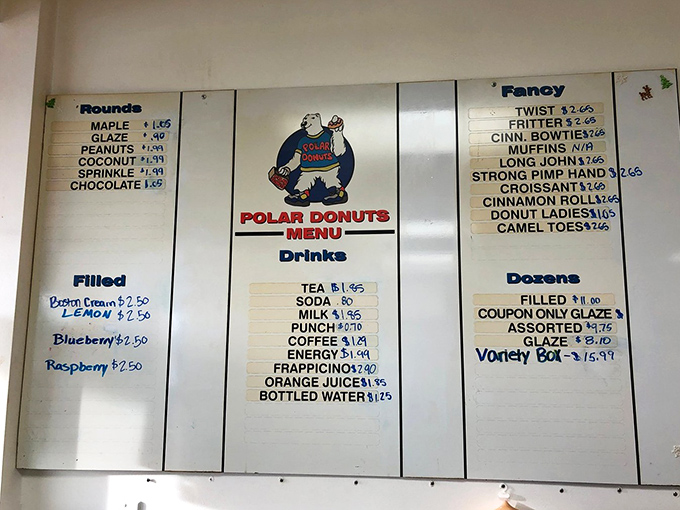 A menu that reads like poetry to carb enthusiasts. The "Strong Pimp Hand" proves Oklahoma's donut scene has personality to spare.