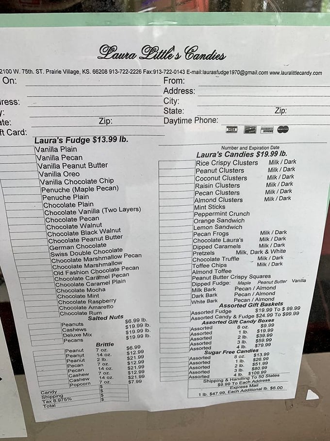 This menu isn't just a list; it's a roadmap to happiness with over 25 fudge varieties that would make Willy Wonka jealous.