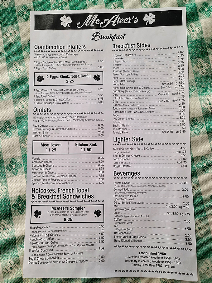 The menu, adorned with shamrocks, reads like a love letter to breakfast classics that have stood the test of time.