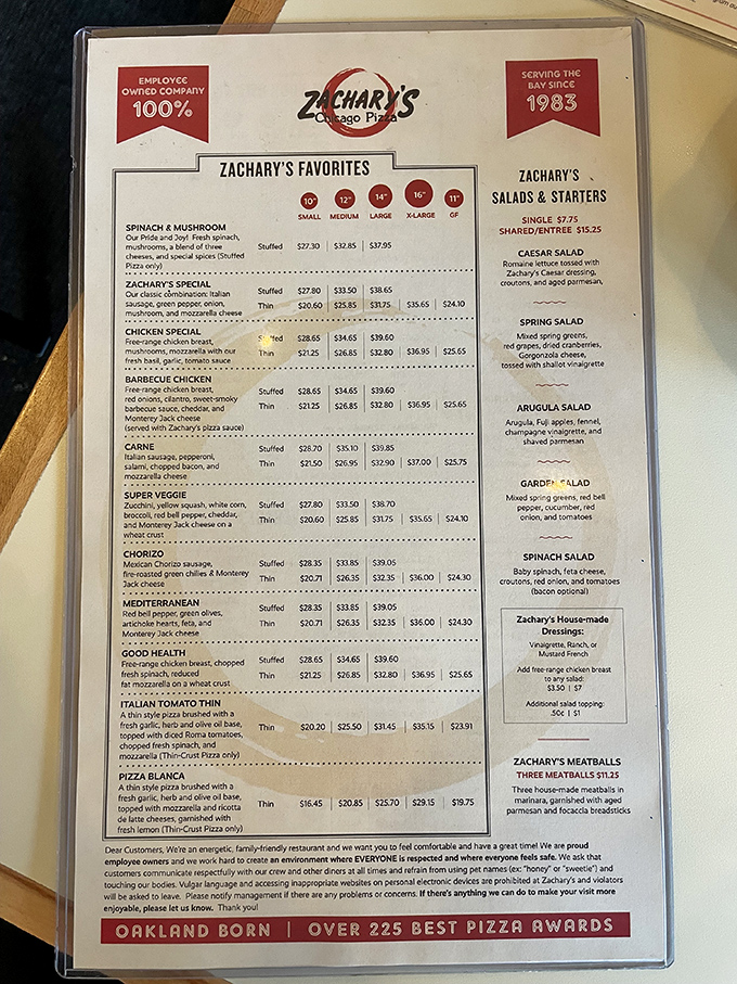 Decision paralysis has never been so delicious. The menu reads like a love letter to Chicago-style pizza with California flair.
