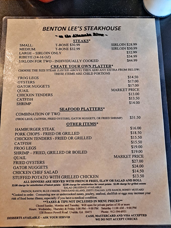 Menu: Decisions, decisions! Beyond the legendary steaks lurk gator nuggets and frog legs&mdash;proof that adventure comes in all flavors at this rural hideaway.