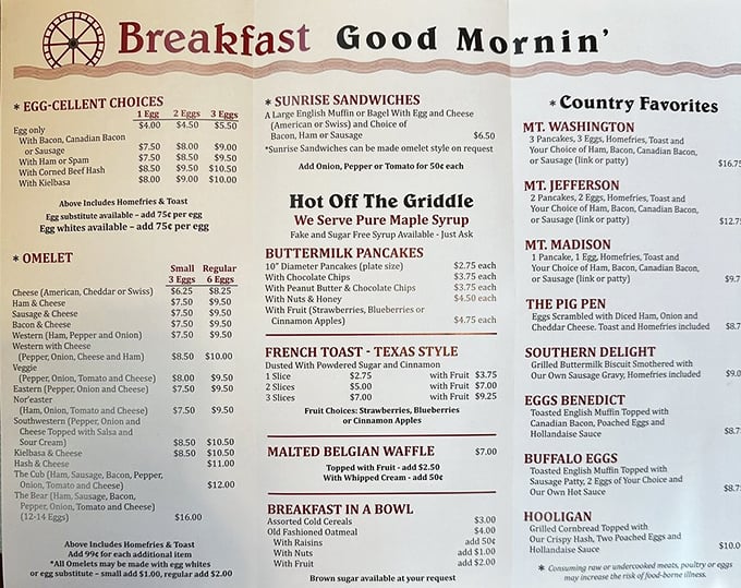 This menu isn't just a list&mdash;it's a roadmap to happiness. The "Egg-cellent Choices" section alone could solve most of life's problems.