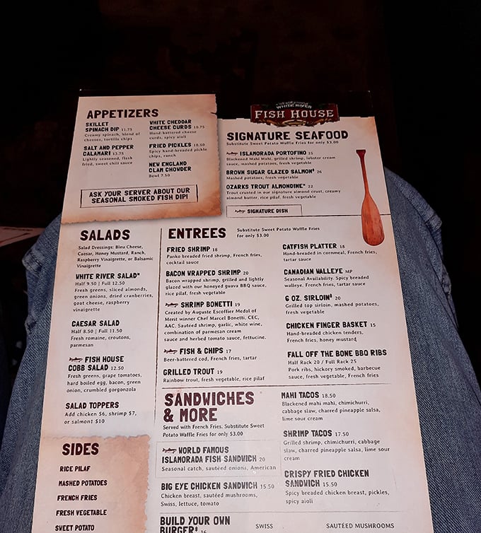 A menu that reads like a love letter to seafood, with everything from Ozarks trout to Florida Keys favorites. Decision paralysis guaranteed.