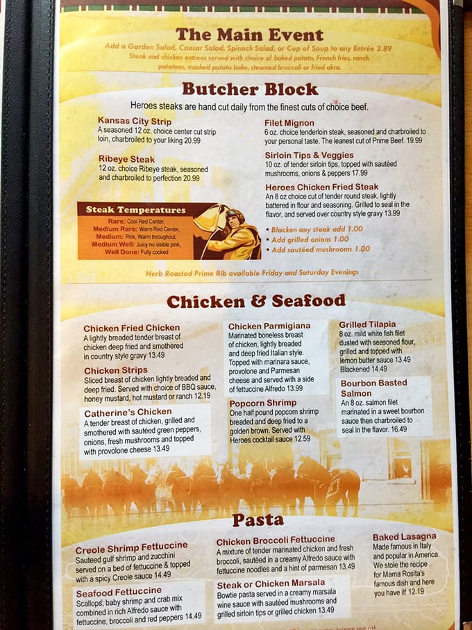 The menu reads like a love letter to carnivores, with hand-cut steaks and that legendary herb-roasted prime rib making a special Friday-Saturday appearance.