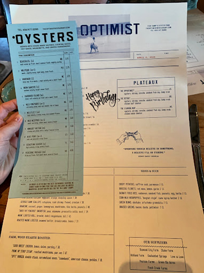 This isn't just a menu&mdash;it's a maritime treasure map where X marks the spot for oyster varieties that will make your taste buds sing sea shanties. 
