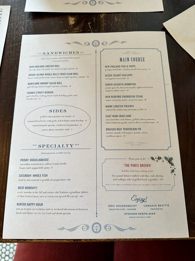 This menu isn't just a list of dishes &ndash; it's a maritime treasure map where X marks the spot for lobster rolls that will haunt your dreams. 