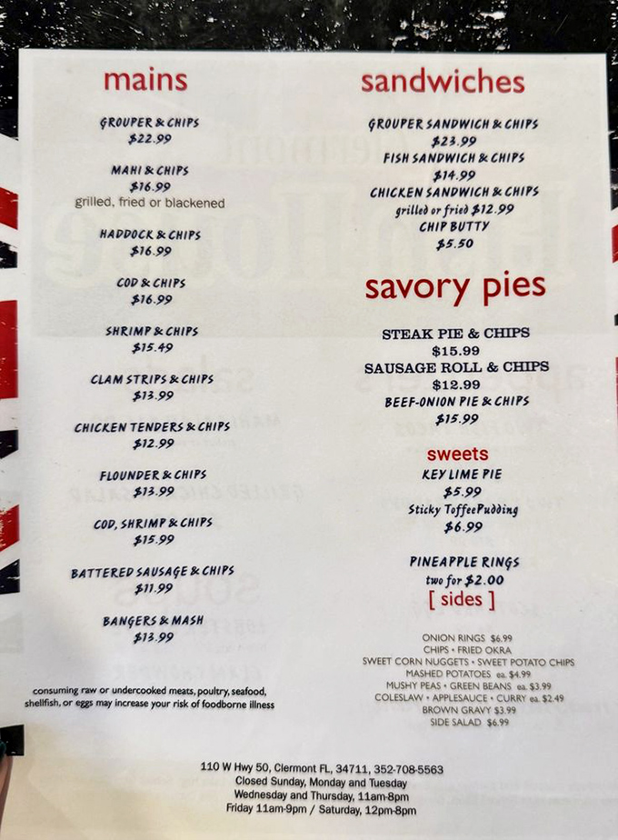 The menu reads like a love letter to British comfort food&mdash;from cod to grouper, all getting the royal treatment.