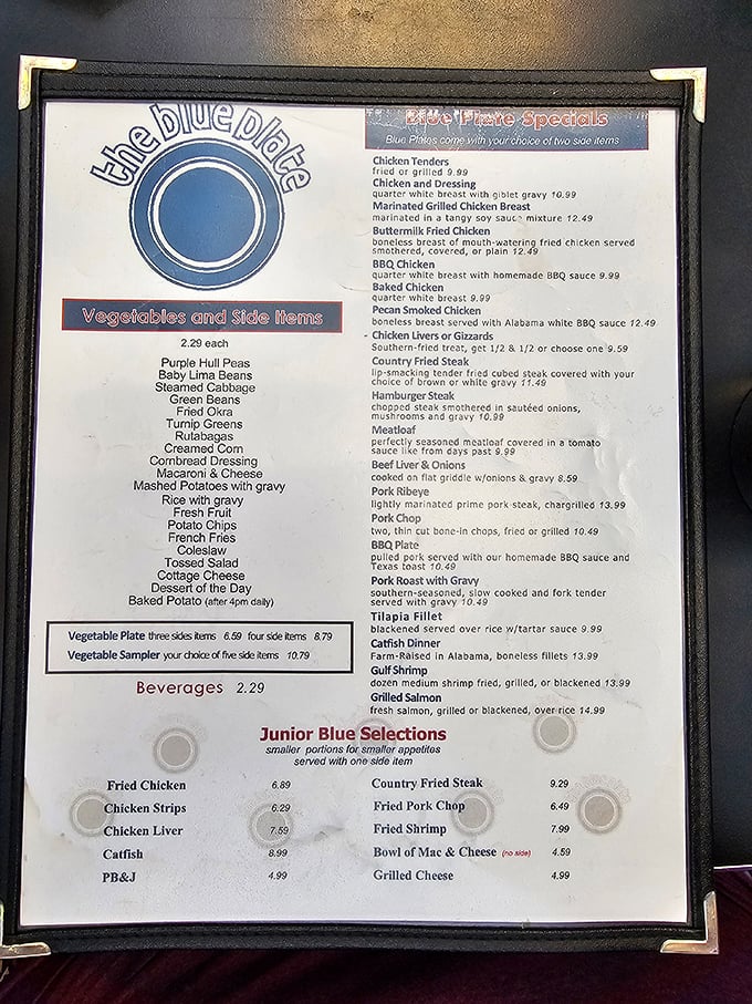 A menu that reads like a love letter to Southern cuisine. No fancy descriptions needed when the food speaks this eloquently for itself.