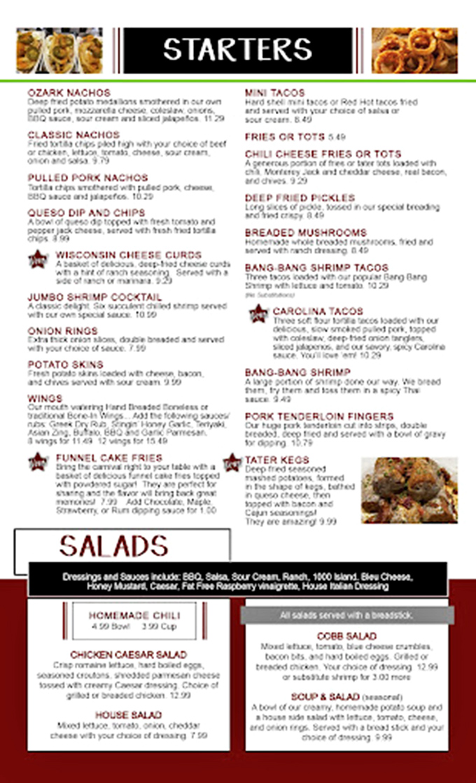 The menu reads like a love letter to American comfort food, with stars marking house specialties that shouldn't be missed. 