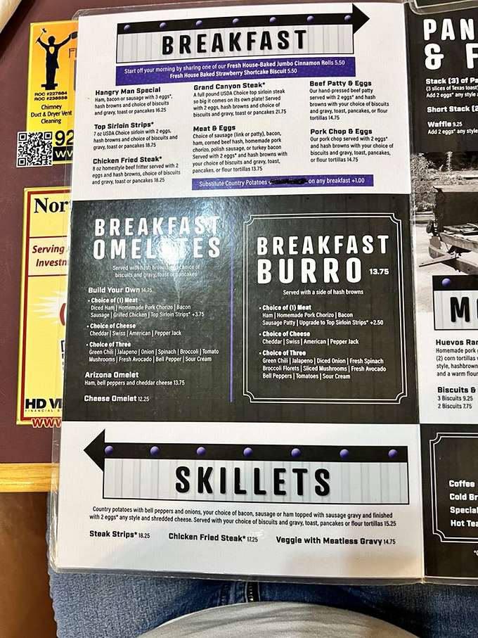This menu isn't just a list of options&mdash;it's a roadmap to happiness. The "Grand Canyon Steak" promises a breakfast as majestic as its namesake.