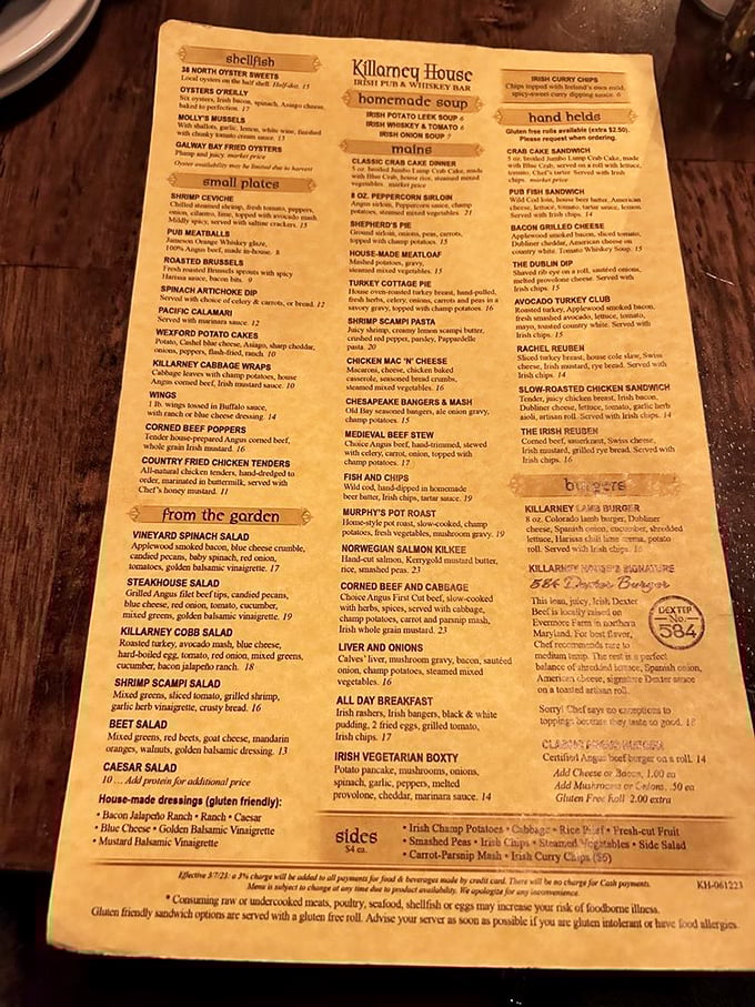 A menu that reads like a love letter to Irish cuisine, with enough options to make decision-making your evening's biggest challenge.