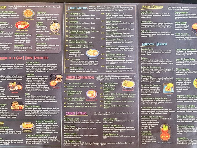 A menu that reads like a love letter to Mexican cuisine. Each description promises a journey south of the border without leaving Nebraska.