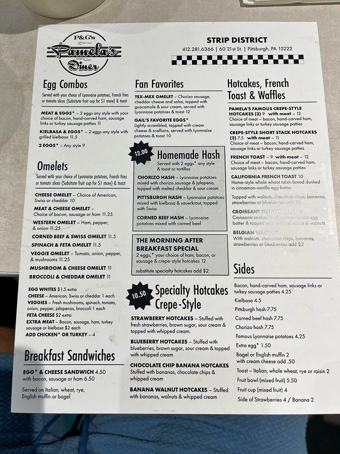 The menu reads like a love letter to breakfast fundamentals. Those specialty hotcakes aren't just famous in Pittsburgh&mdash;they've made presidential history.