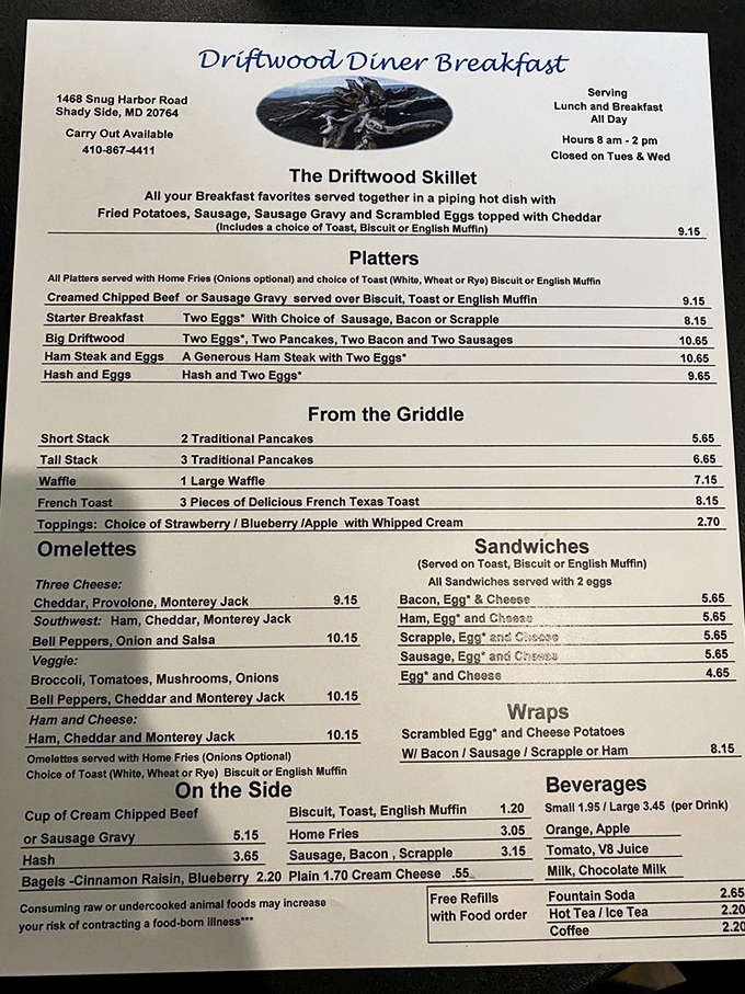 This menu isn't just a list of options&mdash;it's a roadmap to breakfast nirvana, with the legendary Driftwood Skillet as your final destination.