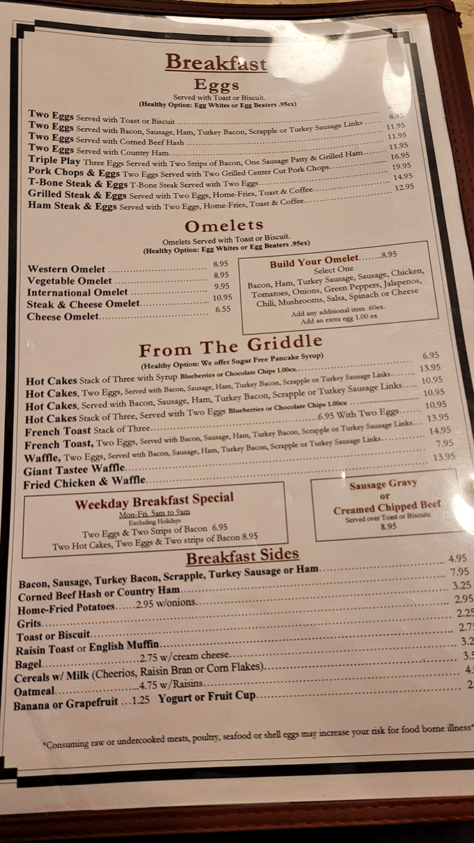 A menu that hasn't surrendered to food trends since 1935. No avocado toast revolution here&mdash;just breakfast classics executed with griddle-honed precision.