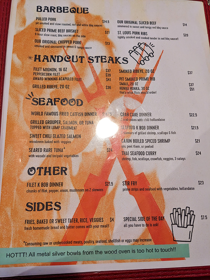 A menu that doesn't mince words: "We cook meat really well." The Hunka-Hunka prime rib is the Elvis of beef portions.