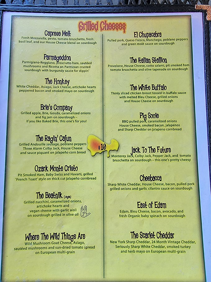 This menu isn't just a list&mdash;it's a love letter to grilled cheese with names as creative as the combinations themselves.
