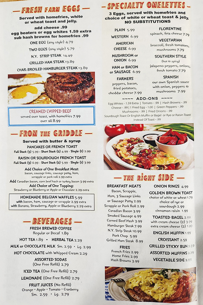 This menu isn't just a list of food&mdash;it's a roadmap to happiness. The specialty omelettes section alone deserves its own ZIP code. 