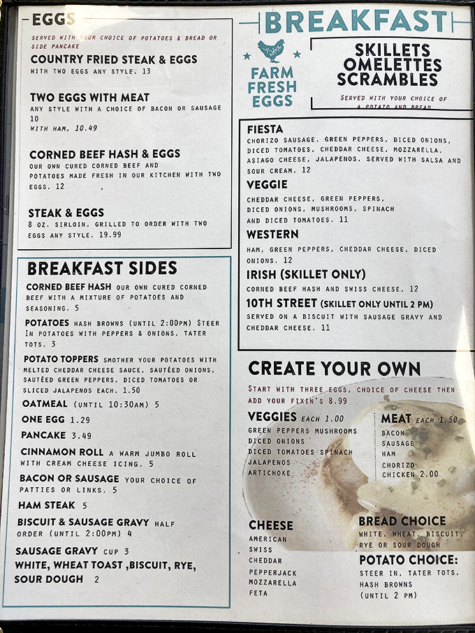 The breakfast menu reads like a love letter to morning indulgence, with skillets and farm-fresh eggs headlining this comfort food symphony.