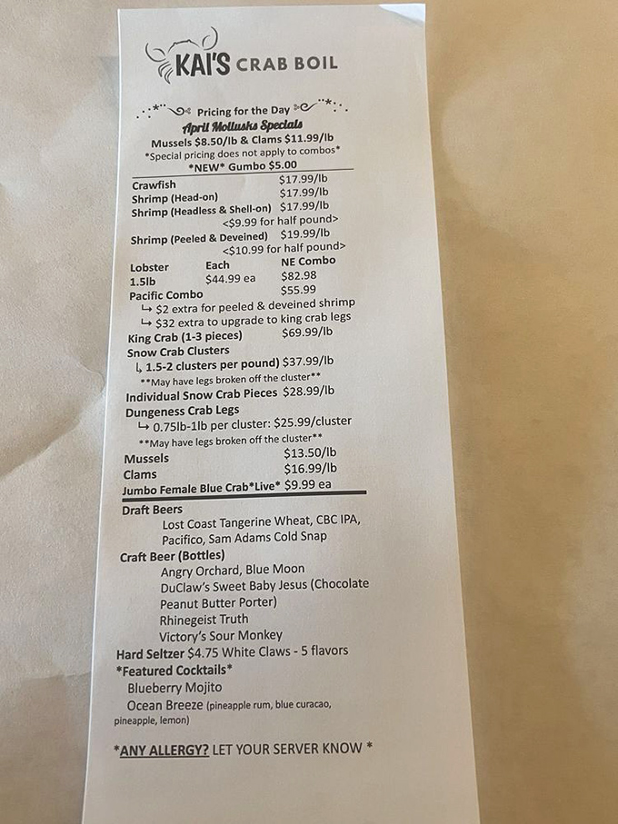 This menu isn't just a list—it's a treasure map. X marks the spot where your seafood dreams come true.