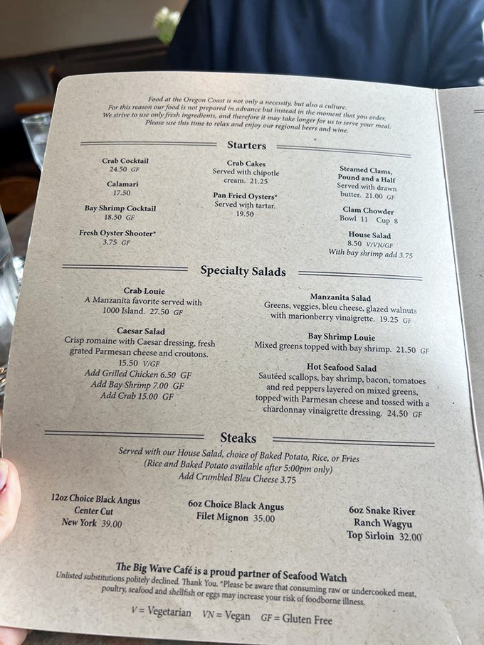 The menu reads like a coastal Oregon love letter &ndash; seafood treasures, local specialties, and that legendary prime rib calling your name from the bottom.