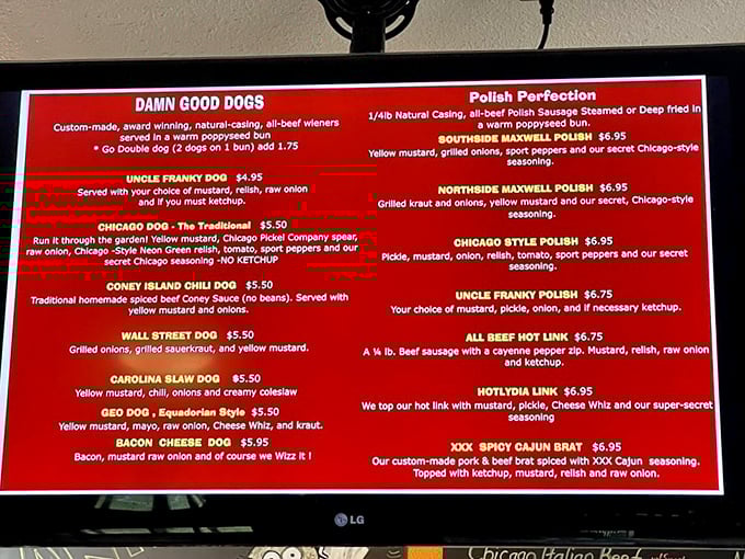 This menu isn't just a list&mdash;it's a roadmap to happiness. The "Damn Good Dogs" header isn't false advertising.