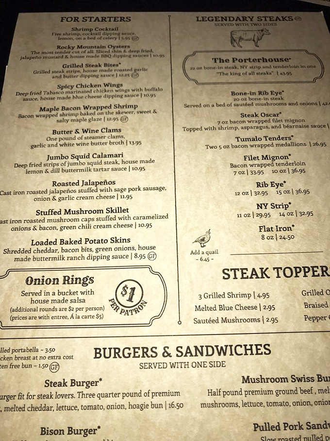 This isn't just a menu&mdash;it's a love letter to beef. "The king of all steaks" isn't just marketing; it's a 32-ounce promise of happiness. 