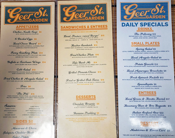 The menu reads like a love letter to Southern comfort food, with those famous deviled eggs front and center among sandwiches, entr&eacute;es, and daily specials.