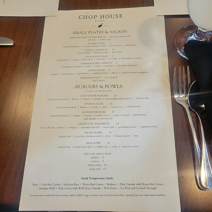 A menu that doesn't overwhelm but impresses&mdash;notice the steak temperature guide at the bottom, a sign these folks take their meat seriously.