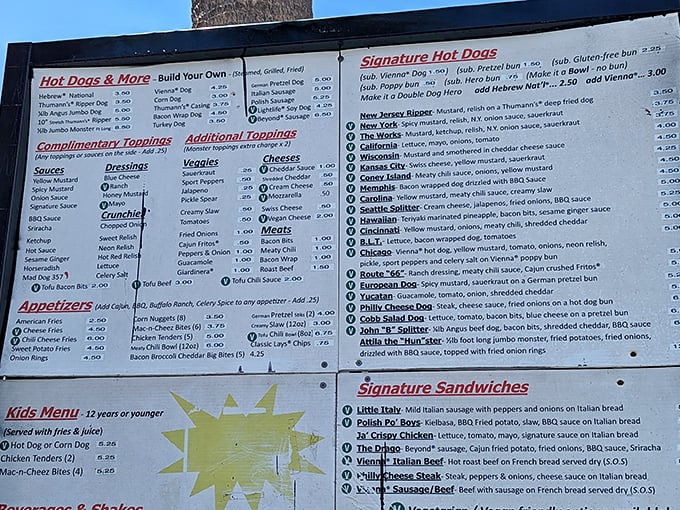 The menu board reveals an atlas of American hot dog traditions—from Chicago to Hawaii, each regional specialty meticulously represented with authentic toppings.