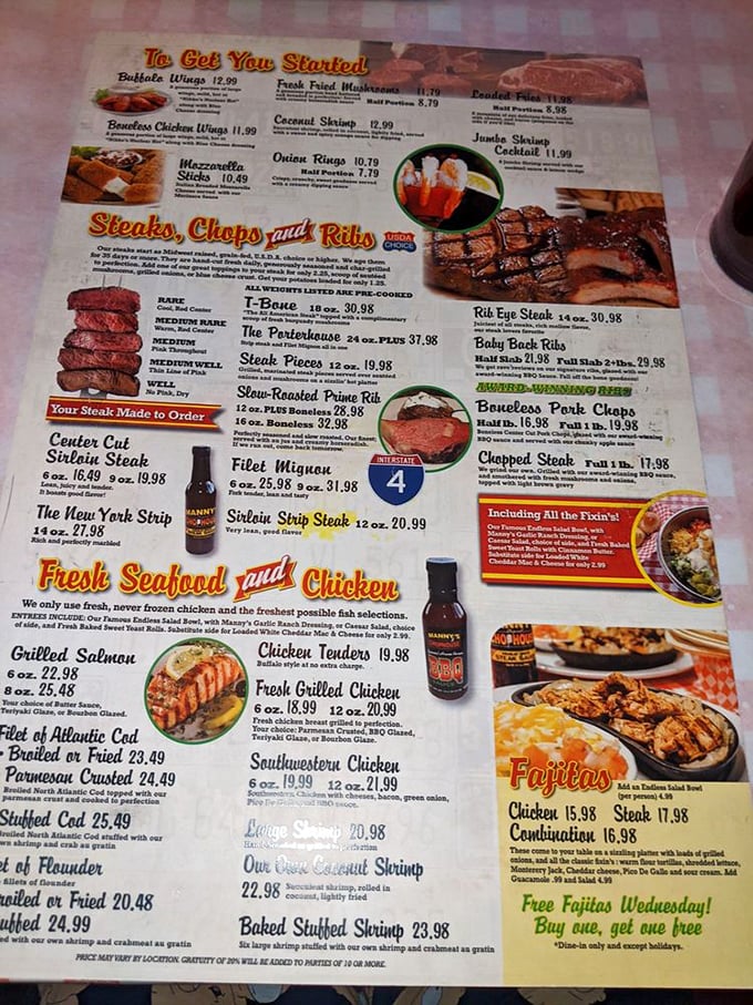 The menu reads like a love letter to carnivores, with steaks categorized by doneness and sized for serious appetites.