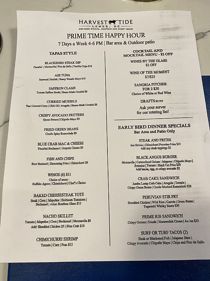 This menu reads like a love letter to carnivores with a coastal zip code. The "Prime Time Happy Hour" isn't just clever wordplay&mdash;it's your new favorite life hack.