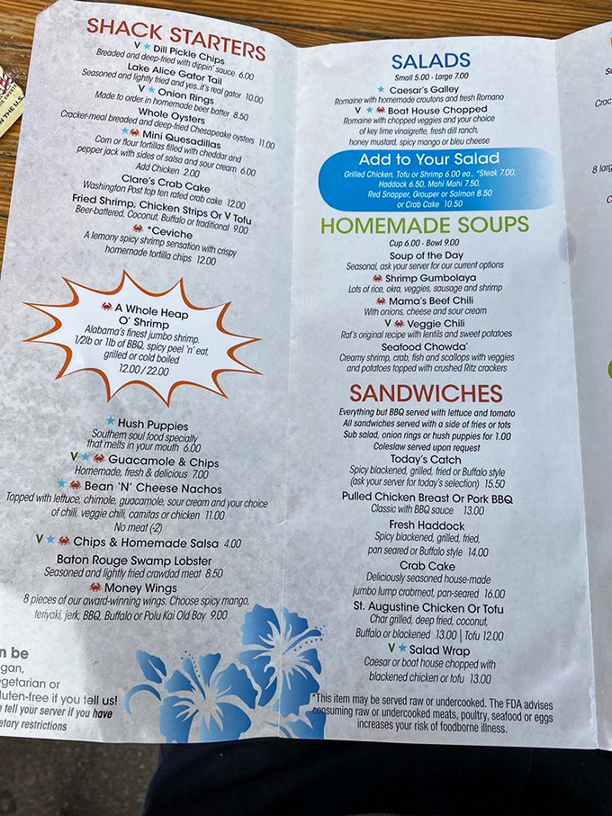 The menu reads like a coastal road trip, from Florida favorites to Chesapeake classics. Each dish promises a mini-vacation for your taste buds.