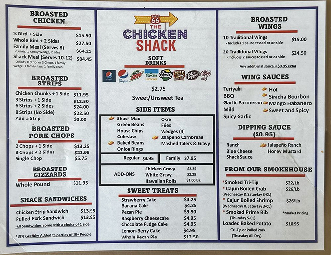 The menu board reads like a love letter to comfort food, with broasted chicken taking center stage in this delicious drama.