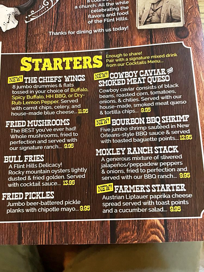 The starters menu reads like a love letter to Midwest appetites&mdash;where else can "Cowboy Caviar" and "Bull Fries" share the same page?