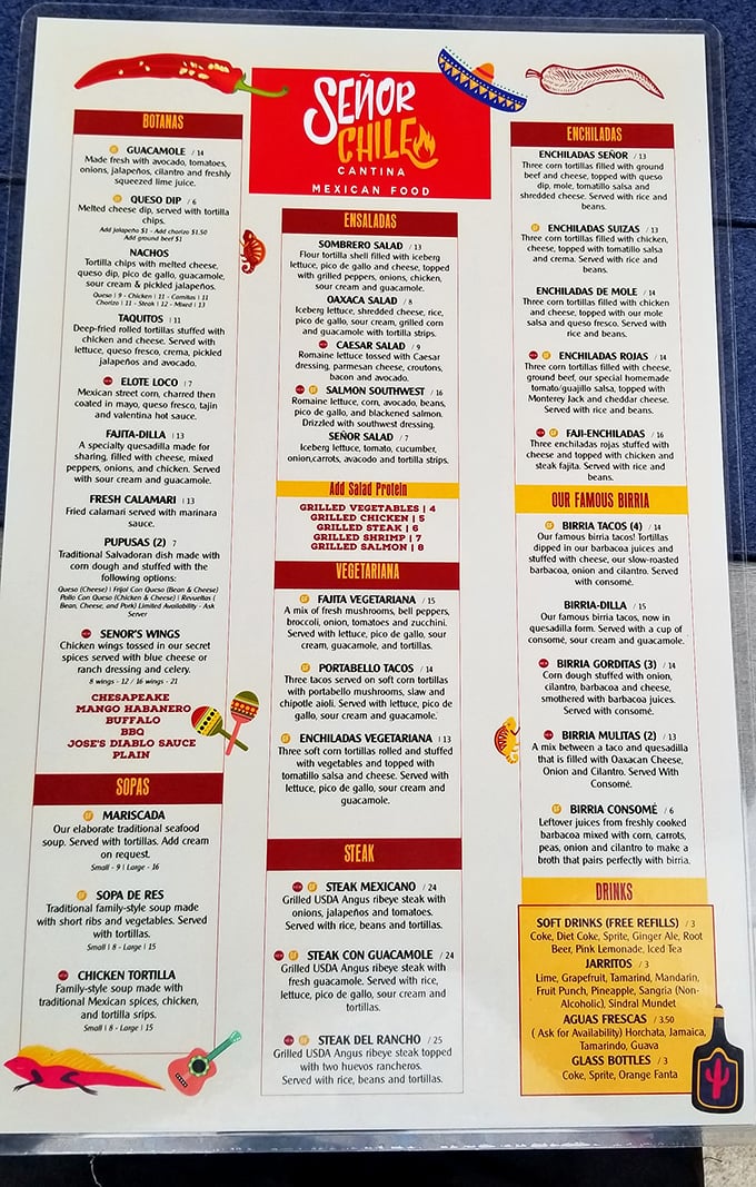 The menu reads like a love letter to Mexican cuisine, with each description promising a flavor fiesta worth every calorie.