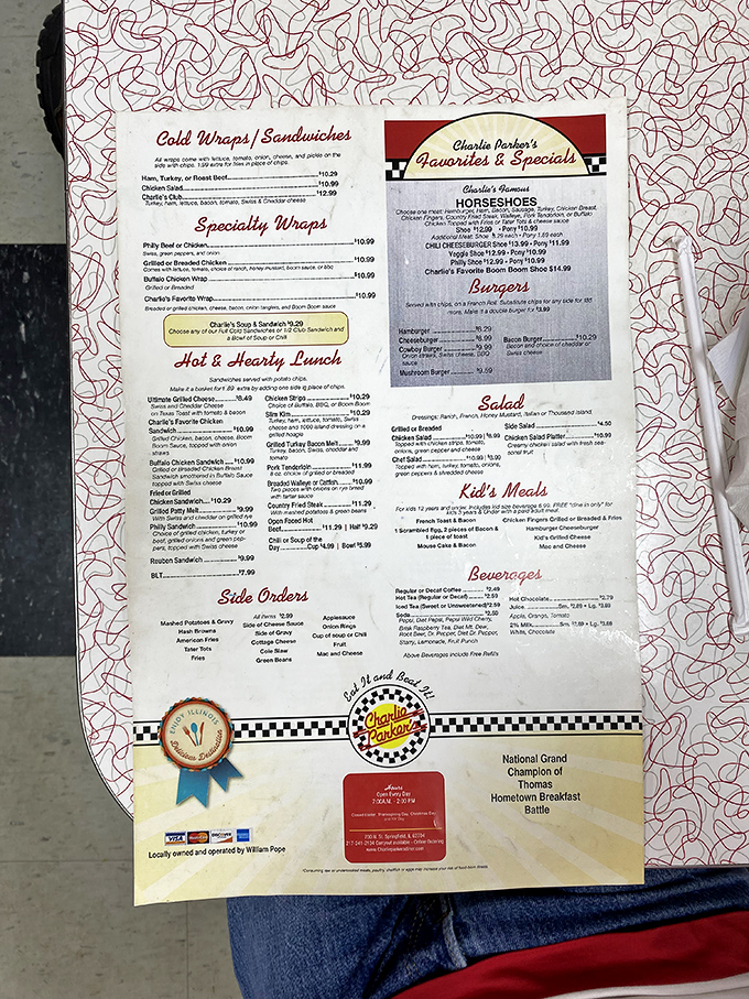 The menu reads like a love letter to comfort food. Horseshoes, burgers, and breakfast all day&mdash;because sometimes dinner deserves eggs too.