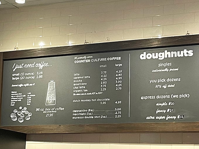 The menu board speaks the universal language of coffee and donuts&mdash;a Rosetta Stone for morning happiness that needs no translation.
