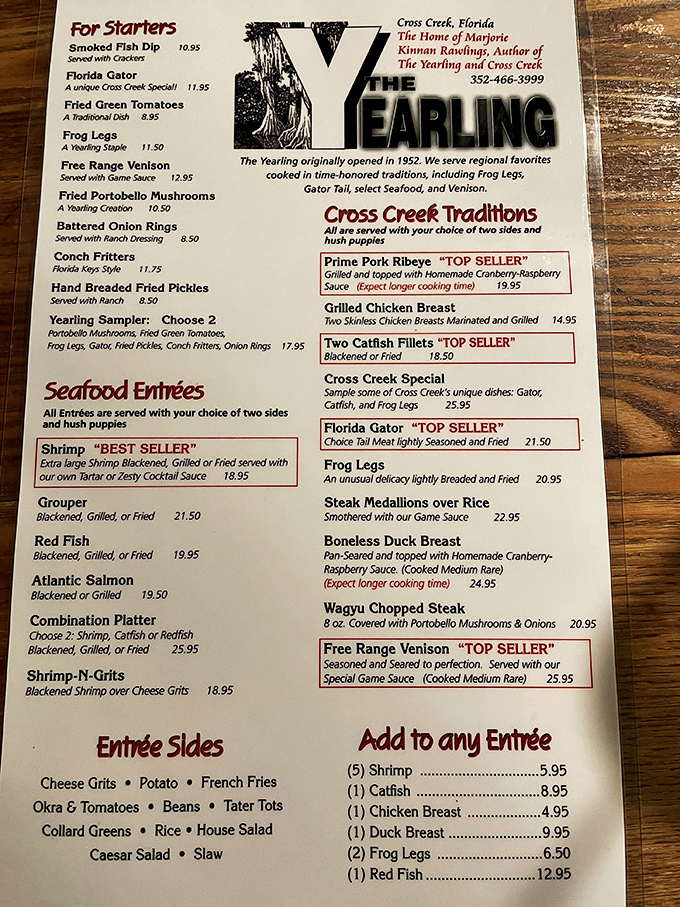 A menu that reads like Florida's greatest hits. From gator tail to venison, each dish tells a story of Cross Creek's wild abundance.