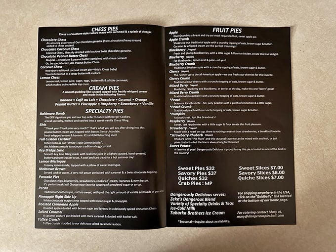 This menu isn't just a list&mdash;it's a roadmap to happiness. Chess pies, cream pies, fruit pies&hellip; decisions this difficult should come with a therapist.