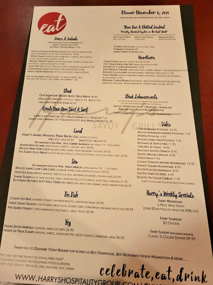 This menu isn't just a list&mdash;it's a roadmap to happiness. The prime rib entry should have its own spotlight and dramatic entrance music.